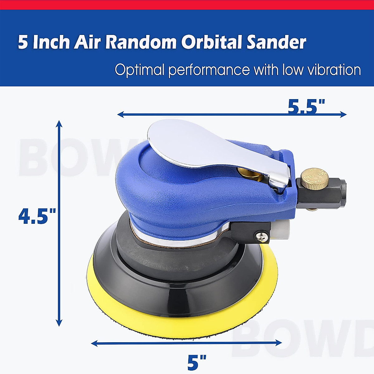 5 Inch Air Random Orbital Sander, Pneumatic Palm Sander tool with 10 Pcs Sandpapers, Air Sanders For Auto Body Work By Bowd