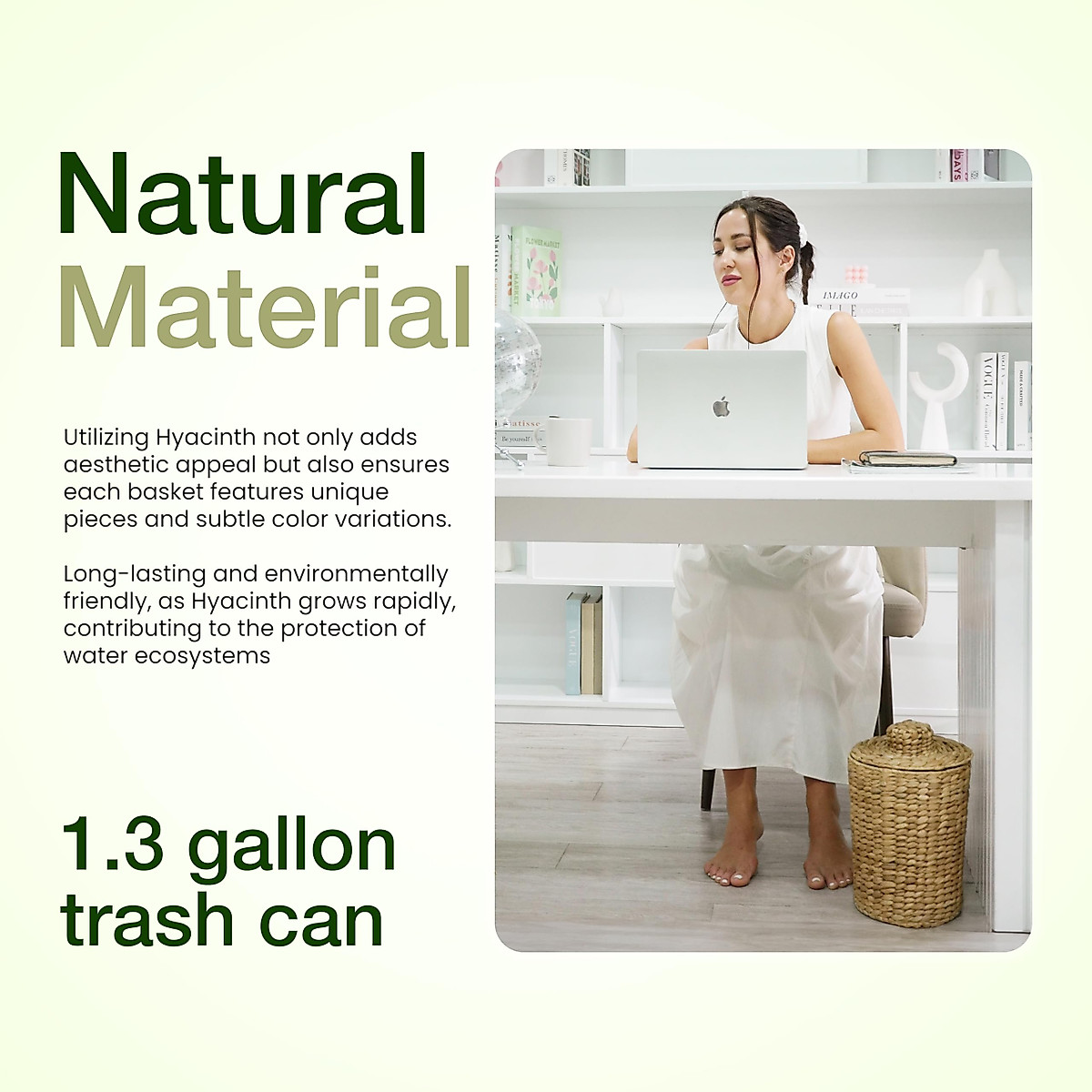 Tidita 1.3 Gallons Wicker Waste Basket with Lid - Large Wicker Trash Can for Office - WasteBaskets for Bedroom, Bathroom, Kitchen, Living Room - Boho Handwoven Trash Cans for Garbage (Water Hyacinth)