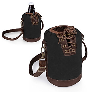 LEGACY - a Picnic Time brand Canvas Lace-up Insulated Growler Tote, Black with Brown Accents