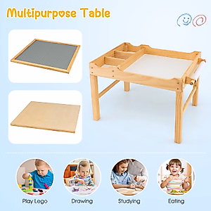 Costzon Kids Table, 3 in 1 Wood Building Block Desk w/Storage, Paper Roll, Reversible Tabletop for Toddler Arts, Crafts, Drawing, Reading, Playing, Gift for Boys Girls, Activity Table (Natural)