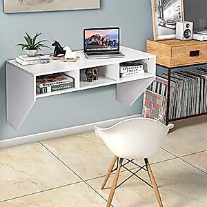 Giantex Wall Mounted Desk Floating Computer Desk, Writing Study Table W/3 Storage Shelves, Laptop PC Table for Living Room, Bedroom, Office (White)