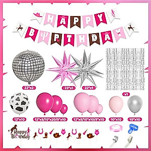 Amandir 113Pcs Western Cowgirl Birthday Party Decorations, Retro Horse Rodeo Party Supplies Backdrop for Girls Hot Pink Silver Balloon Garland Arch Kit Birthday Banner Horse Garland Cake Toppers