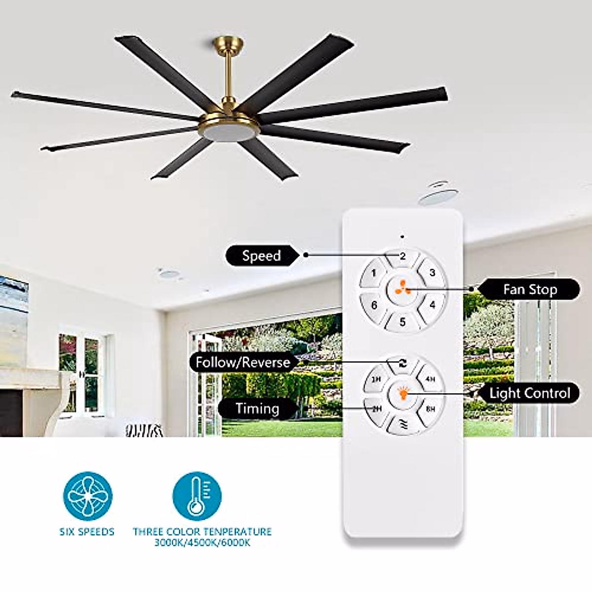 WINGBO 64" Ceiling Fan with Lights and Remote Control, Brass and Black Ceiling Fan, 8 Aluminum Blades, 6-Speed Reversible DC Motor, Modern Ceiling Fan for Kitchen Bedroom Living Room, ETL Listed