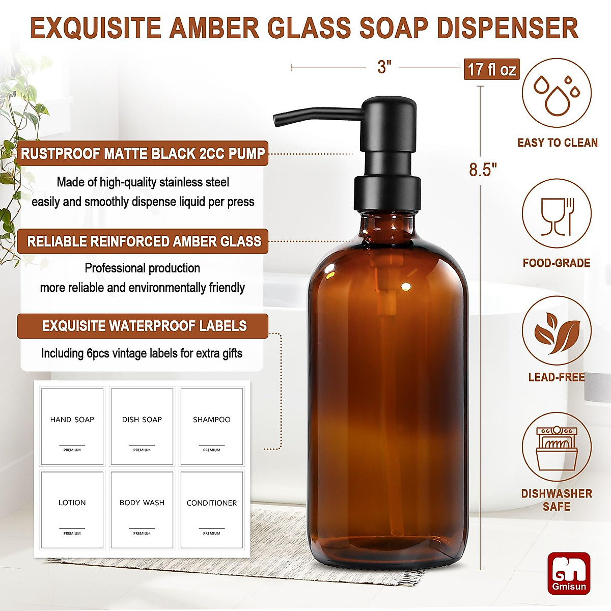 GMISUN Amber Glass Soap Dispenser, 2 Pack Bathroom Hand Soap Dispensers with Stainless Steel Pump, 17 Fl Oz Kitchen Hand and Dish Soap Dispenser Set, Modern Vintage Liquid Brown Soap Dispensers Bottle