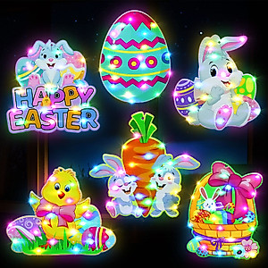 6 Pcs Easter Lights LED Lighted Easter Window Decoration Happy Easter Lighted Silhouette Bunny Chick Easter Eggs Window Light with Hook, Displays Hanging Ornaments for Indoor Outdoor Decor Wall Door