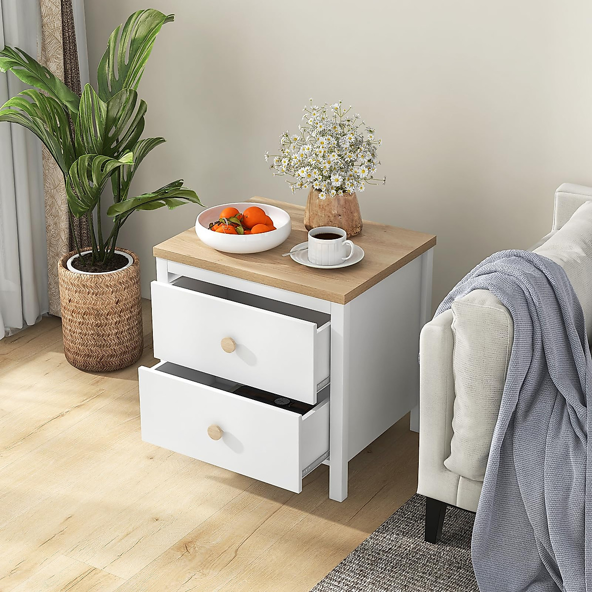 Giantex Night Stand with 2 Drawers, Farmhouse Bedside Table with Cute Round Knobs, Wooden Floor End Table with Rubber Wood Legs, Small Sofa Side Table for Small Space Kids Bedroom College, White