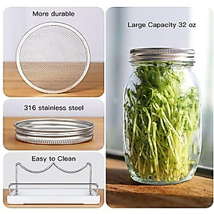 Mueuton Sprouting Jar Kit-2 Wide Mouth Quart Mason Jars（32oz with Stainless Steel Screen Sprout Lids, Tray, Stand and Canning Brush Seed Sprouter Set…