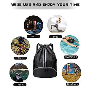 SENIKO Drawstring Backpack,String Swim Gym Bag with Shoes Compartment and Wet Proof Pocket for Women Men Sports Travel (Black)