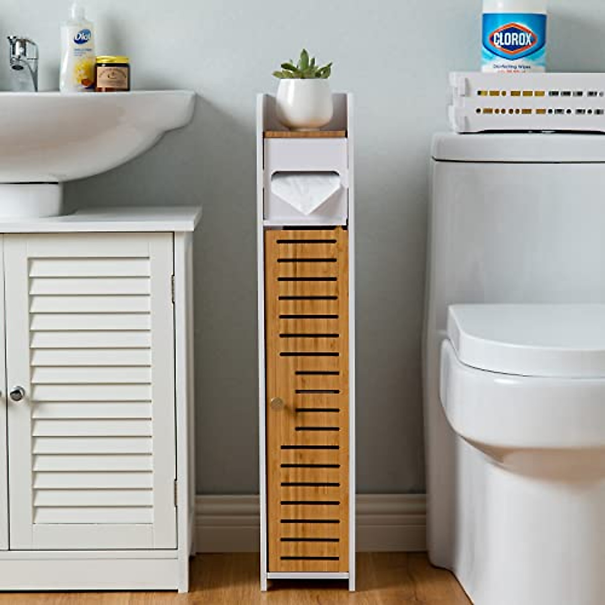 AOJEZOR Bathroom Storage Cabinet,Small Bathroom Storage Cabinet Set of 2 White-Bamboo Narrow Bathroom Cabinet Waterproof Great for Small Spaces,Slim Bathroom Storage Fit for Toilet Paper Storage