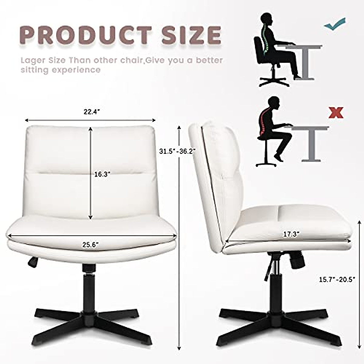 LEMBERI PU Leather Armless Office Desk Chair No Wheels,Criss Cross Legged Home Office Wide Padded Swivel Vanity Chair,120°Rocking Mid Back Ergonomic Computer Task Chair for Make Up,Small Space