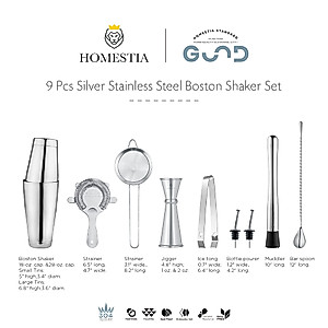 Homestia Boston Shaker Set Bar Set Martini Shaker Set, 18oz & 28oz Boston Cocktail Shaker Set Bar Tools Bartender Tool Kit 9 PCS, Cocktail Set Cocktail Mixer Set Bar Essentials with Recipes