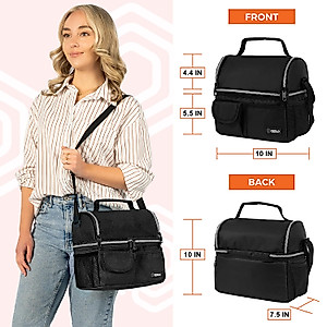 opux Insulated Dual Compartment Lunch Bag for Men, Women | Double Deck Reusable Lunch Pail Cooler Bag, Soft Leakproof Liner | Large Lunch Box Tote for Work, School (Black)