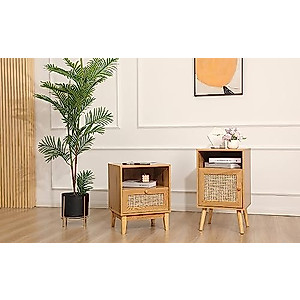 Betterhood Rattan Nightstand, Boho Side Table with Handmade Rattan Decorated Drawer, Mid-Century Modern Nightstand with Open Storage Shelf for Bedroom, Living Room, Natural