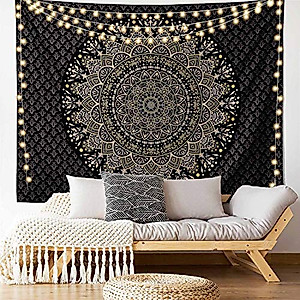 Edeesky Black Golden Mandala Tapestry Wall Hanging Psychedelic Medallion Wall Tapestry Aesthetic Indian Hippie Wall Decor Bohemian Wall Art Boho Home Decoration for Bedroom,Living Room,Dorm