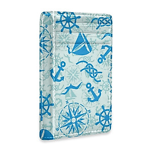 Linomo Thin leather Card Holder and Money Clip Nautical Anchor Compass Wallet RFID Blocking for Men & Women