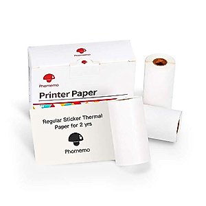 Phomemo White Self-Adhesive Thermal Paper, Glossy Printable Sticker Paper for Phomemo M02/M02 Pro/M02S/M03 Bluetooth Pocket Mobile Printer, Black on White, 50mm x 3.5m, Diameter 30mm, 3-Rolls