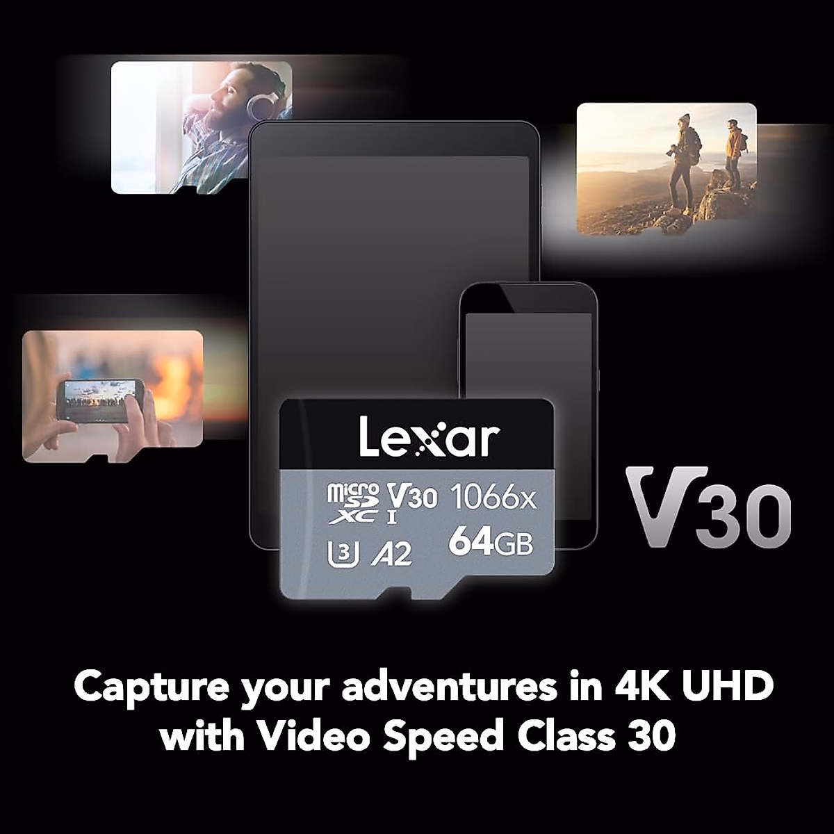 Lexar 64GB Professional 1066x micro SD Card w/ SD Adapter, UHS-I, U3, V30, A2, Full HD, 4K, Up To 160/70 MB/s, for Action Cameras, Drones, Smartphones, Tablets, Nintendo-Switch (LMS1066064G-BNANU)