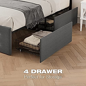 Amyove Queen Bed Frame with 4 Storage Drawers,Fits 8'' 10'' 12" Mattress (Queen (U.S. Standard)), Grey (Bed 0927)