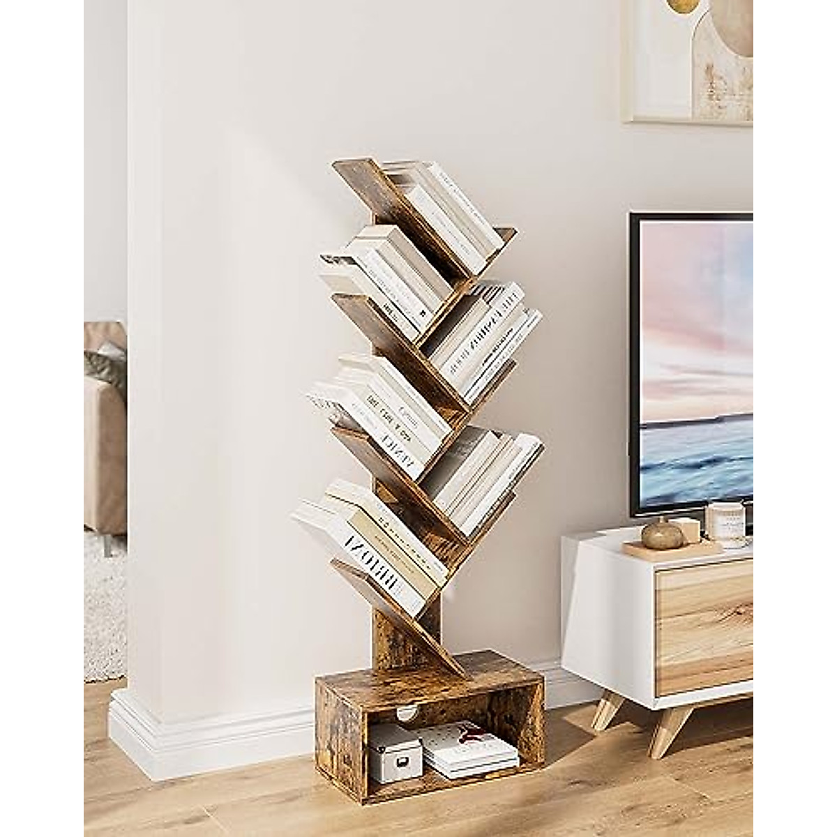 Aobafuir 6-Tier Tree Book Shelf, Open Side Standing Bookcase Shelf, Wooden Bookshelves Storage Rack for CD/Book, Utility Organizer Shelves for Living Room,Bedroom, Rustic Brown