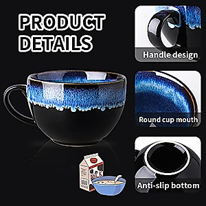 KOOV Ceramic Soup Mug, Soup Bowls with Handles Microwave Safe, 24 Ounce Jumbo Mug and Cereal Mugs Set of 4, Reactive Glaze (Nebula Blue)
