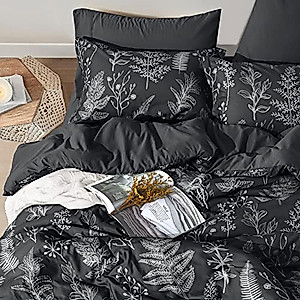 PHF Soft Printed Comforter Sets California King-7 PCS Bed in A Bag Comforter & Sheet Set-Botanical Cozy Bedding Set Include Comforter, Pillow Shams, Flat Sheet, Fitted Sheet and Pillowcase, Black