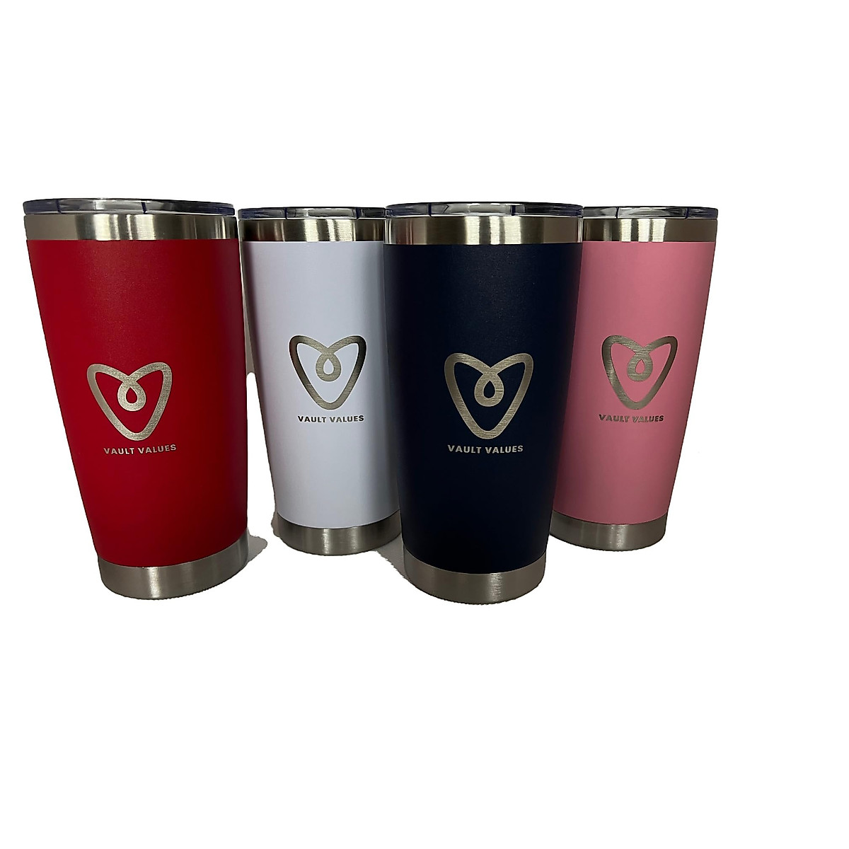Vault Values 20 oz. Insulated Tumbler. Double Wall. Stainless Steel, Slide Lid with Straw opening COMBO Lid. Available in 5 colors - White, Pink, BLACK, Red, Blue. Hot/Cold. Straw NOT included.