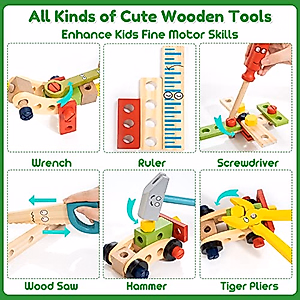 Bravmate Kids Tool Set, Pretend Play Toddler Wooden Tool Toys with Tool Box, Educational DIY STEM Toys for Boys and Girls Age 3, 4, 5 and Up (37 Pieces)