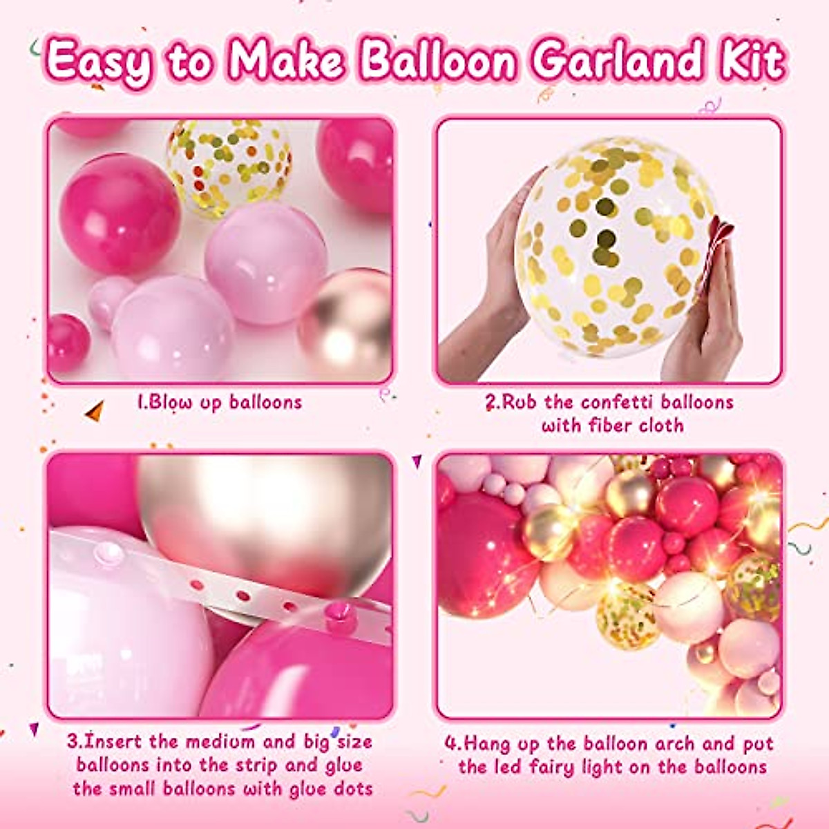 KARLURE Pink Balloon Arch Kit with Lights, Hot Pink Rose Gold Chrome Balloons Garland for Barbie Princess Theme Party Birthday Wedding Bridal Shower Valentine Day Mother's Day Decorations Background