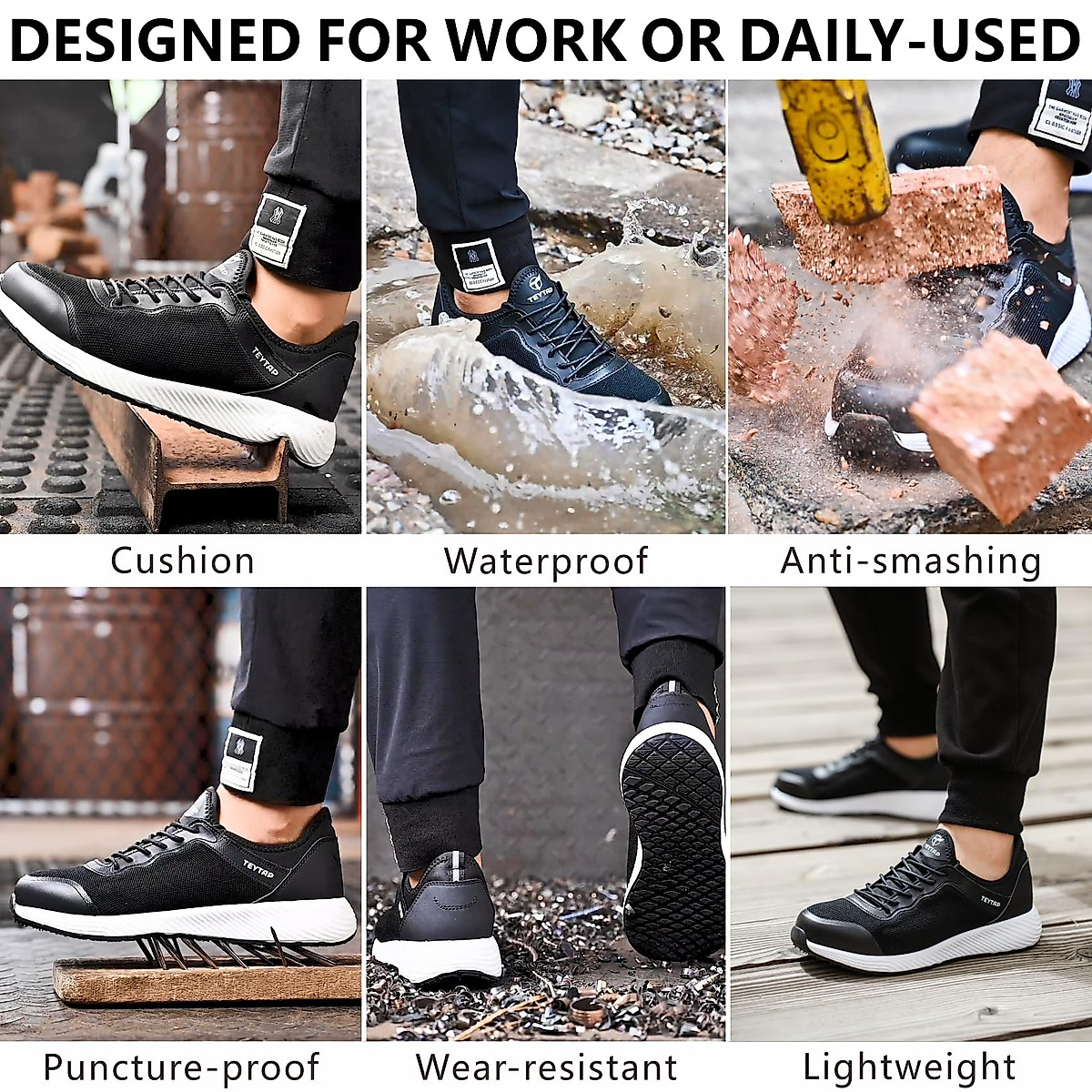 TEYTAP Steel Toe Shoes for Men Women Work Shoes Waterproof Comfortable Cushion Lightweight Safety toe Shoes Construction Puncture Proof Sneakers