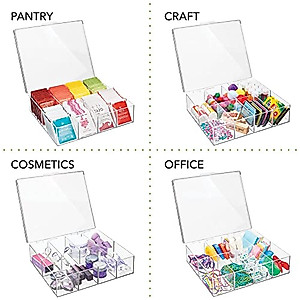 mDesign Tea Storage Organizer Box - 8 Divided Sections, Easy-View Hinged Lid - Use in Kitchen, Pantry, and Cabinets; Holder for Tea Bags, Packets, Small Items and Accessories, BPA free - Clear