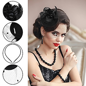 Geyoga 8 Pcs Black Funeral Hat with Veil Fascinators Hats Women Feather Pillbox Hat for Halloween Tea Party Costume