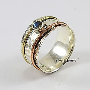 Rainbow moonstone ring Spinner ring 925 sterling silver ring Meditation Hammered Spinning ring family silver jewelry (12.5)