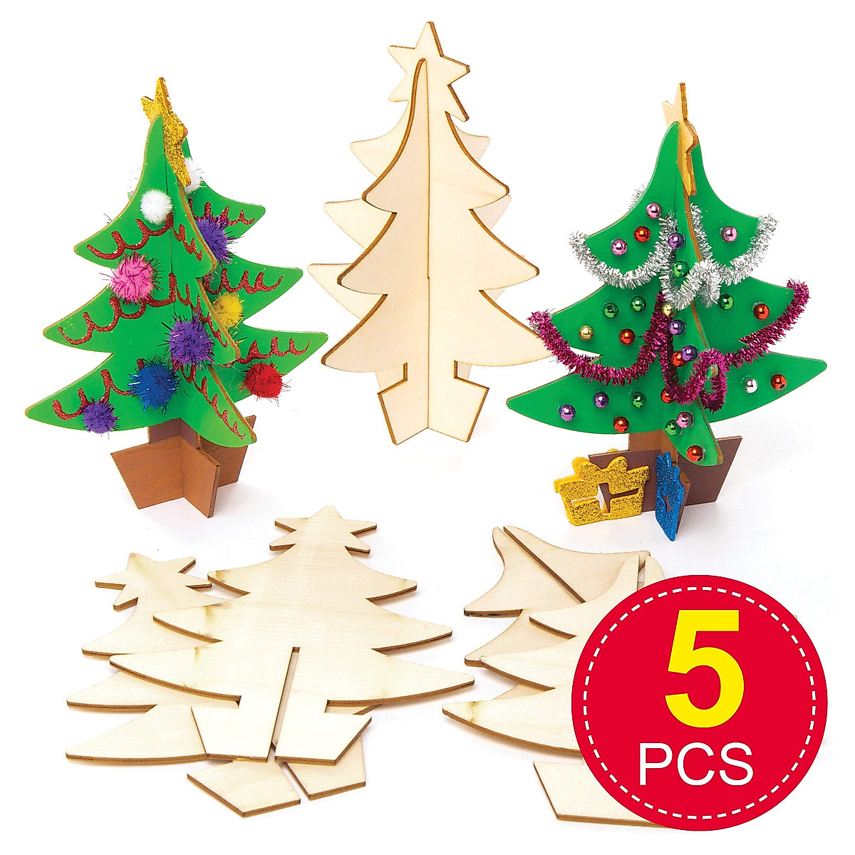 Baker Ross AW983 Wooden 3D Christmas Trees Kit - Pack of 5, Festive Arts and Crafts