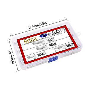 Rrina 38Pcs 304 Stainless Steel Carriage Bolts Round Head Square Neck Screws Coach Bolt Assortment Kit, 5 Sizes M6x16/30/40/50