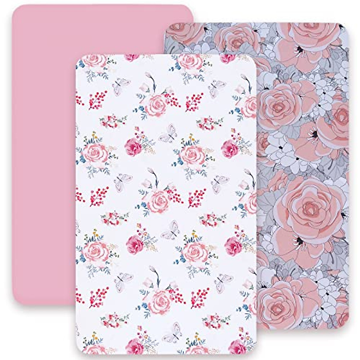 JAROSY Ultra Soft Mini Crib Sheets 3 Pack, Silky Skin-Friendly Playard Pack n Play Sheets for Baby Girls, 5'' Deep Pocket Fit All Pack N Play, Playard, Mini and Portable Crib Mattresses, Florals Theme