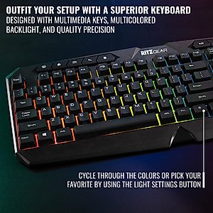 Ritz Gear RGB Gaming Accessories Kit | 4-in-1 Rainbow LED Backlight Bundle PC Combo with Multimedia Keyboard, Optical Mouse, Mouse Pad & Headset w/Adapter | for Windows 7+ Desktop, Laptop, Xbox & PS4
