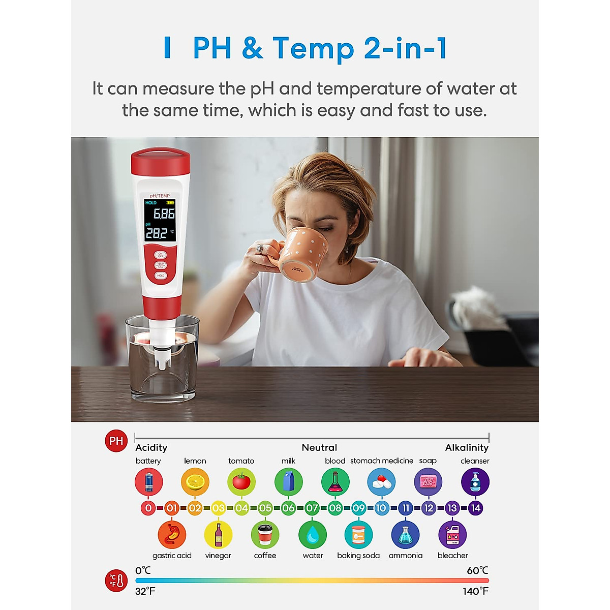 meross PH Meter, Digital PH Meter for Water Hydroponics with ATC, IP67 PH/Temp 2 in 1 Tester Pen with 0-14 PH Measurement Range, 0.01PH High Accuracy Mini Pen for Pool, Drinking Water