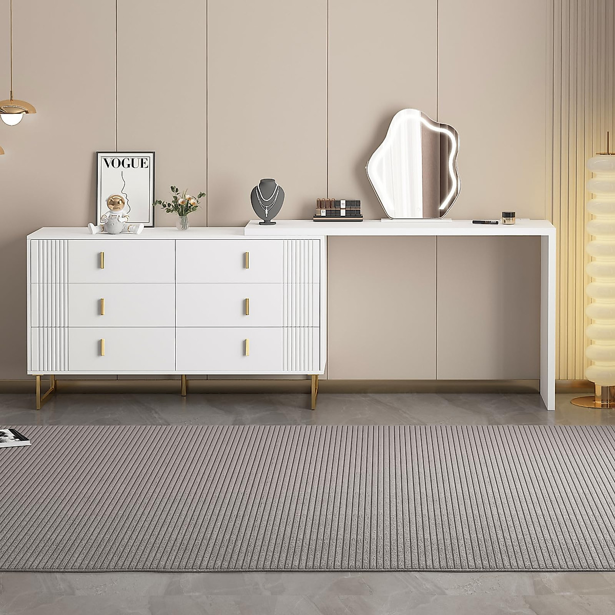 Messenya White Vanity Makeup Mirror Desk with 3-Color Touch Screen Illuminated Lights, Girls vanities Set Table with 6 Drawers and Mirror, Tocador de Maquillaje para Mujer, Dressing Table (S-102)