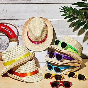 Newcotte 24 Pcs Party Hats, Straw Hats, Fedoraa Hat Bulk, Havana Cubans Party Hats with Sunglass Hawaiian, Birthday Party Supplies