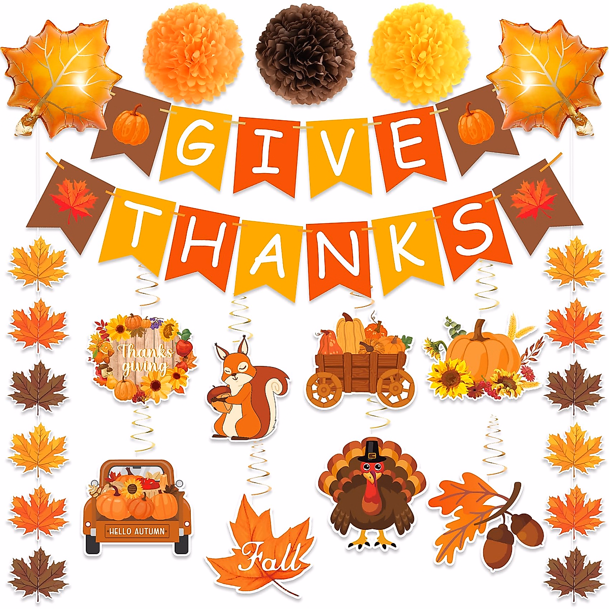 Ouddy Life Thanksgiving Party Decorations, Thanksgiving Hanging Decoration Include Give Thanks Banner Maple Leaves Garland Balloon Paper Pom for Thanksgiving Fall Home Classroom Indoor Office Supplies