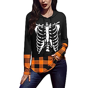 For G and PL Womens Halloween Long Plaid Sleeve Tops Shirts Skeleton Skull Hoodie Sweatshirt Black M