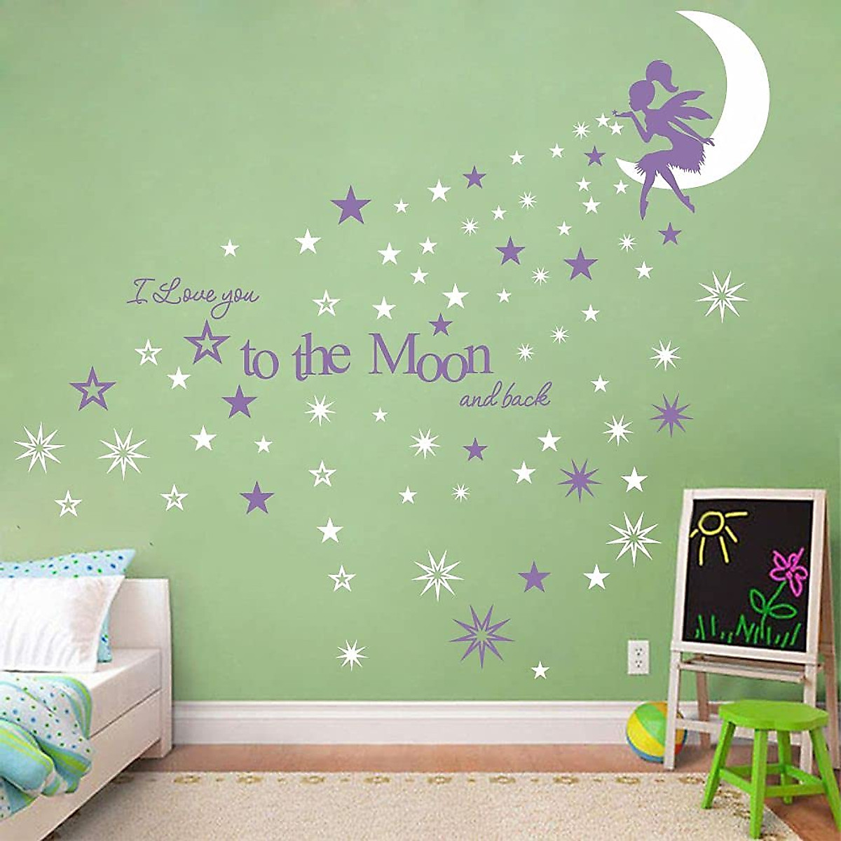 ANFRJJI Fairy Wall Decal "I Love You to The Moon and Back" Fairy Wall Sticker White moon and stars and purple elf fairy text and stars for Girl, Kids Bedroom Wall Decals, Nursery Decor JWH165 (purple