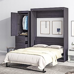 YOPTO Full Size Murphy Bed with 1 Wardrobe and 3 Drawers,Storage-Bed,can be Folded into a Cabinet,No Spring Box Needed,Bedroom Furniture for Children,Teens,Adults,Gray