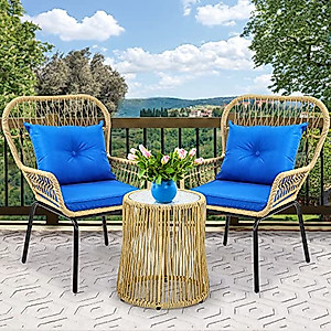 YITAHOME 3-Piece Outdoor Patio Furniture Wicker Bistro Set, All-Weather Rattan Conversation Chairs for Backyard, Balcony and Deck with Soft Cushions, Glass Side Table (Light Brown+Navy Blue)
