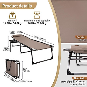 KingCamp Chaise Lounge Outdoor Adjustable Textilene Waterproof Patio Lounge Chair with Side Table Portable Camping Reclining Chair with Pillow (1 Pack, Beige)