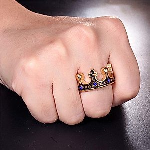 OAKKY Men's Women's Stainless Steel Vintage Royal King Crown Cross Cubic Zirconia Inlaid Ring Gold Black with Royal Blue Size 8