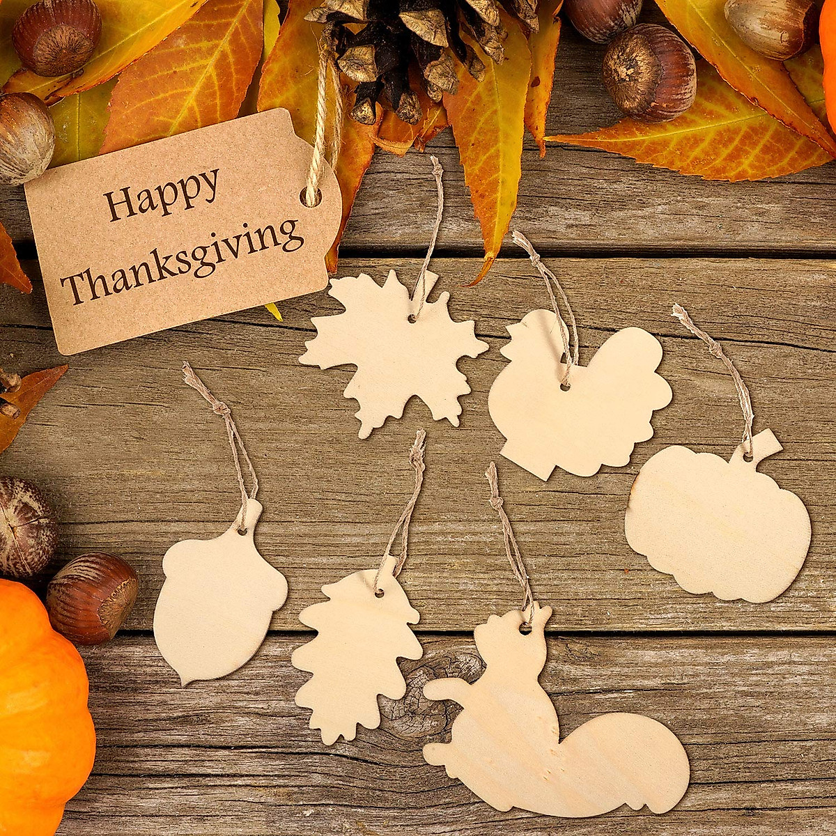 60 Pieces Thanksgiving Unfinished Wooden Ornaments Maple Leaves Pumpkin Wood Cutout Squirrel Acorn Blank Wooden Ornament for Thanksgiving Fall Party DIY Decor Supplies, 6 Styles