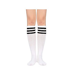 Komorebi Women's Knee High Athletic Socks Stripes Tube Sport Socks Soft Strench High Socks for Women Outdoor White Black One Size