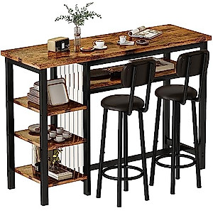 Recaceik Bar Dining Table Set, Modern Bar Table and Stools for 2, Kitchen Counter Height Dining Table Set with 4 Storage Shelves, PU Upholstered Stools Breakfast Nook Set Pub Table with Backrest