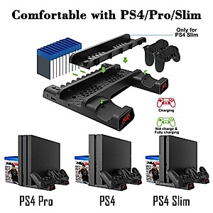 Megadream Cooling Fan Stand for PS4, Dual Controller Charge Station for PS4 Slim/PS4 Pro/Playstation 4, Multifunctional Vertical Cooling Stand with LED Indicator, 10PCS Games Storage, 4 Usb Connectors